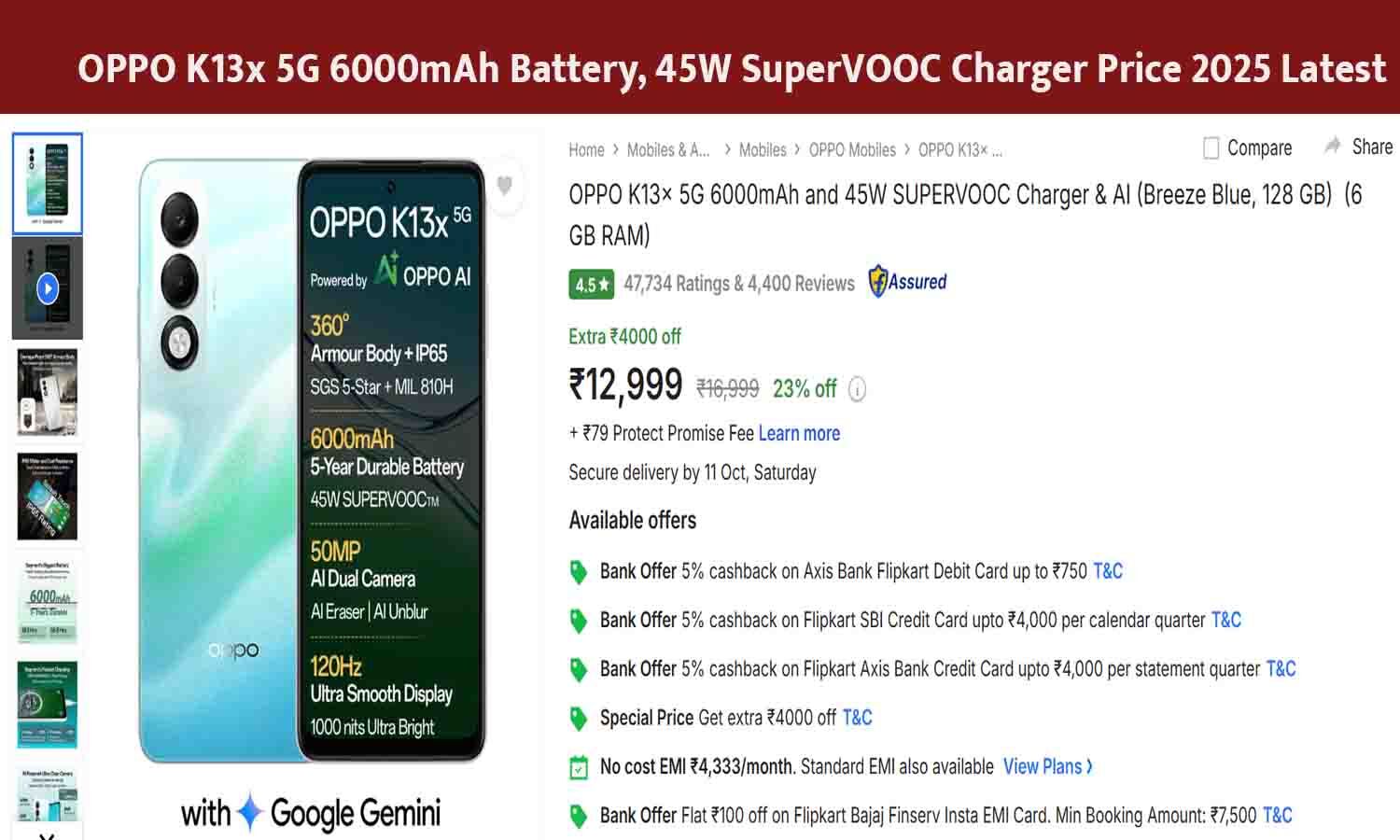OPPO K13x 5G 6000mAh Battery, 45W SuperVOOC Charger Price 2025 Latest ...